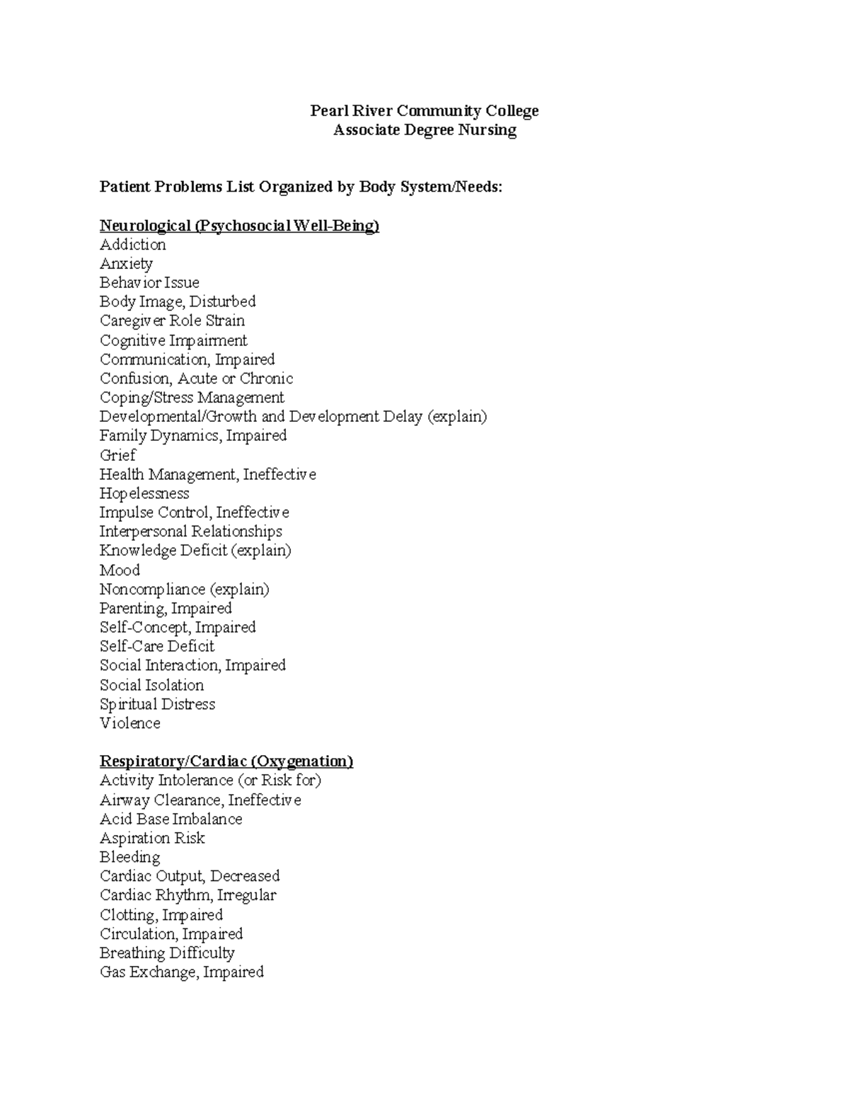 Problems List by Needs - Pearl River Community College Associate Degree ...
