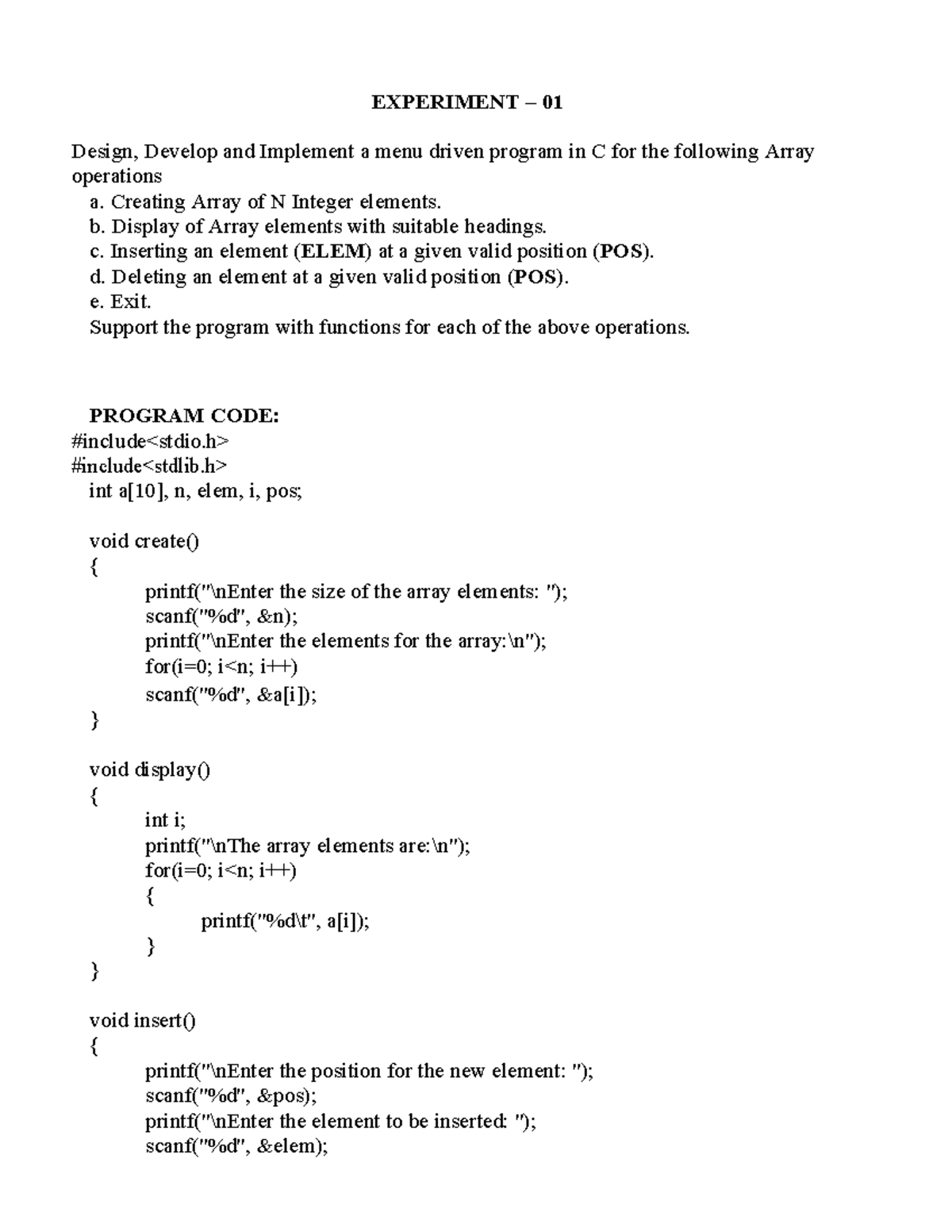 Data Strucutures with C lab programs - EXPERIMENT – 01 Design, Develop and Implement a menu ...