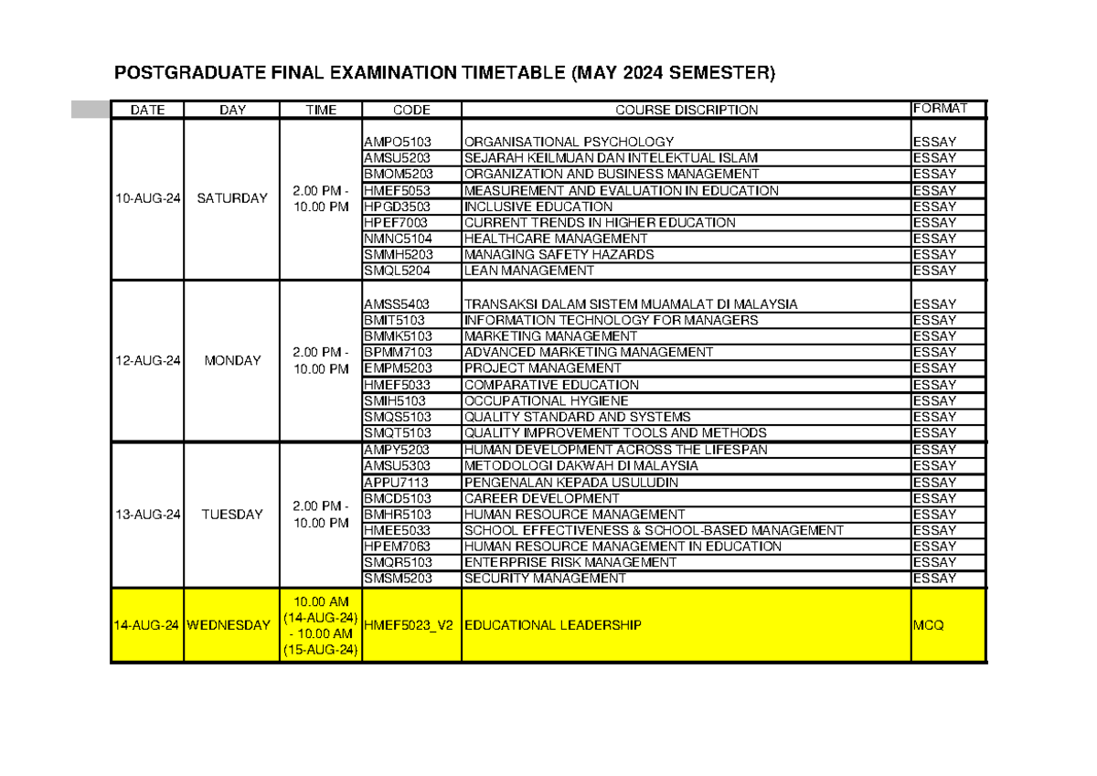 Pg exam may24 - FDSFSAFS - POSTGRADUATE FINAL EXAMINATION TIMETABLE (MAY 2024 SEMESTER) DATE DAY ...