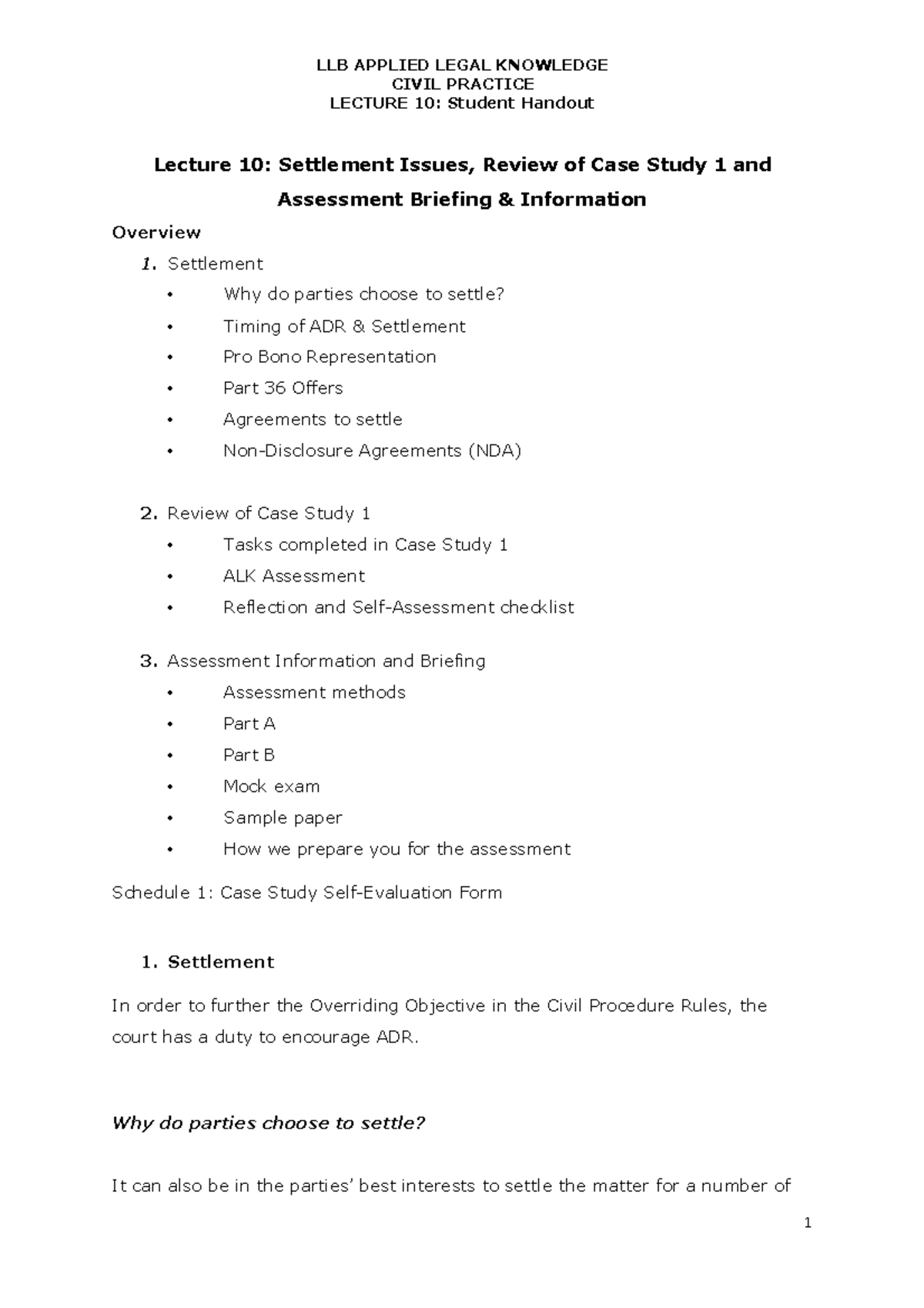 Lecture 10 Student Handout - CIVIL PRACTICE LECTURE 10: Student Handout Lecture 10: Settlement ...