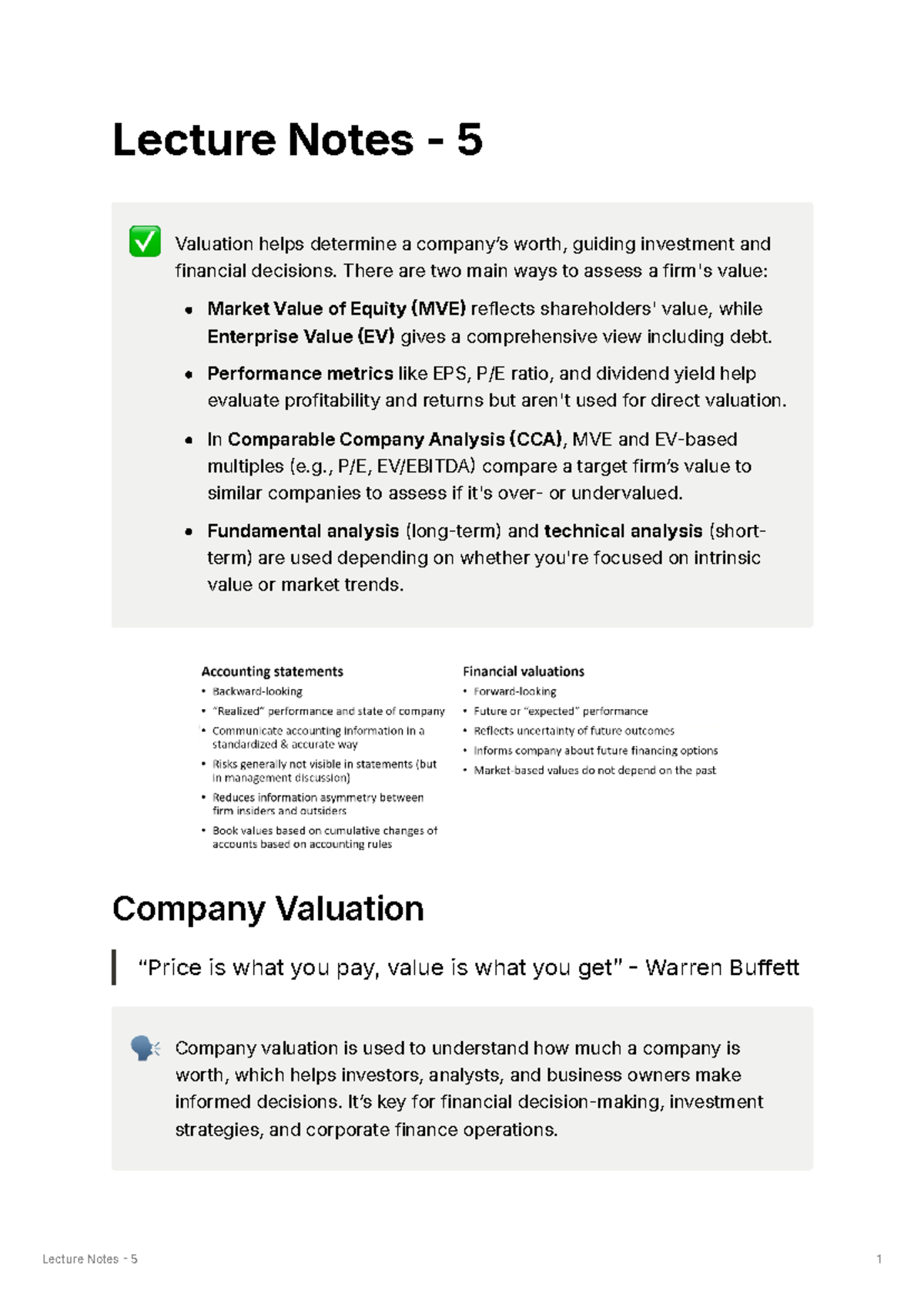 COMM1140 Company Valuation Notes - Lecture Notes - 5 Valuation helps ...