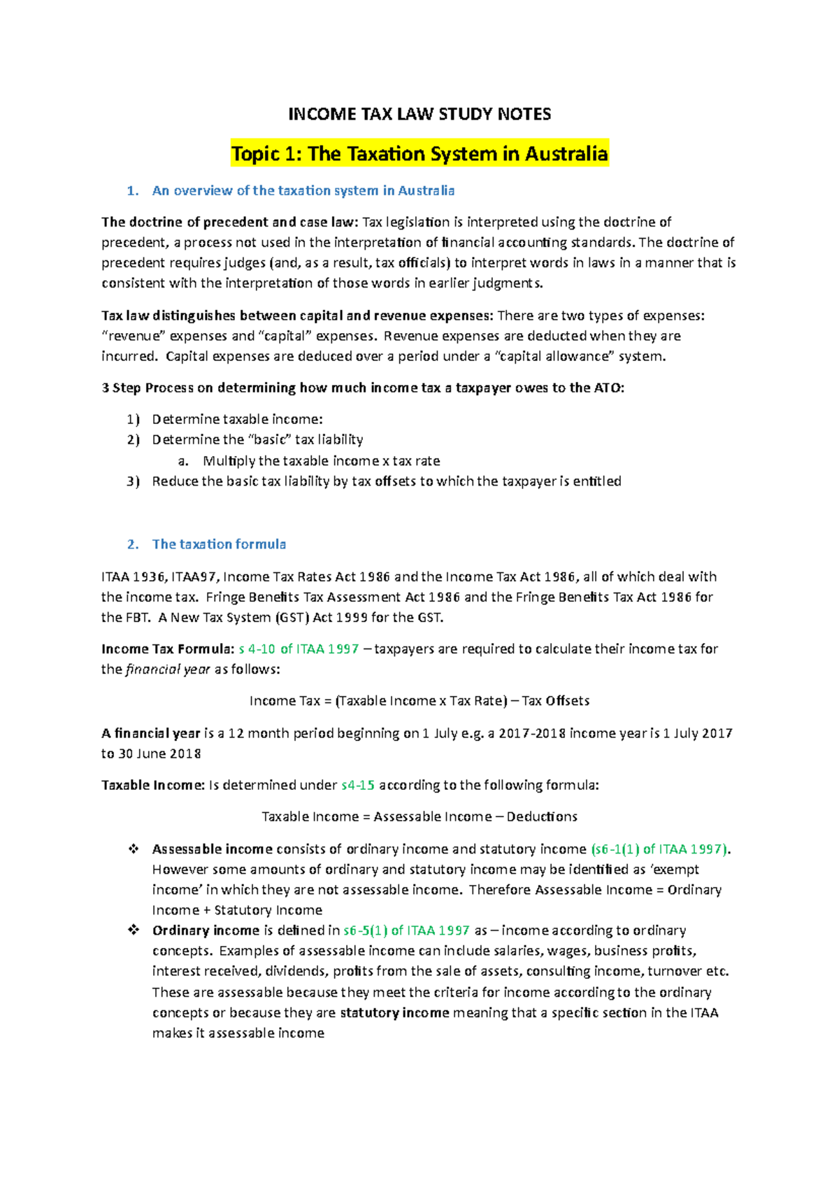 Income Tax Law Study Notes: The Taxation System in Australia - Studocu