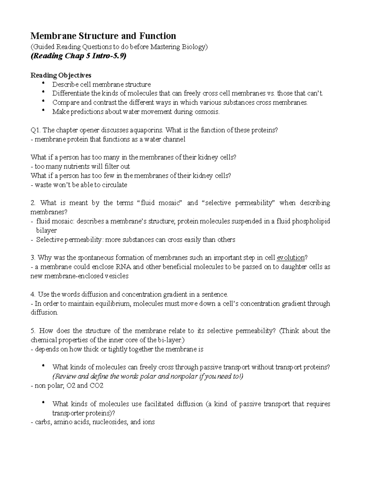 Guided Reading Questions 4 - Membrane Structure and Function (Guided ...