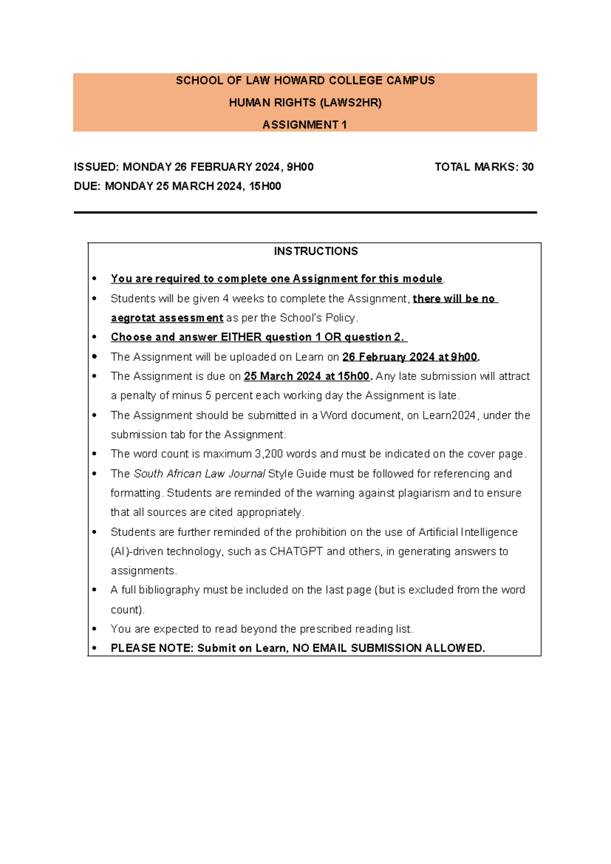 Human Rights Assignment I - SCHOOL OF LAW HOWARD COLLEGE CAMPUS HUMAN ...