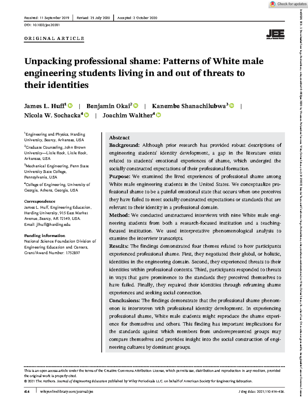 J of Engineering Edu - 2021 - Huff - Unpacking professional shame ...