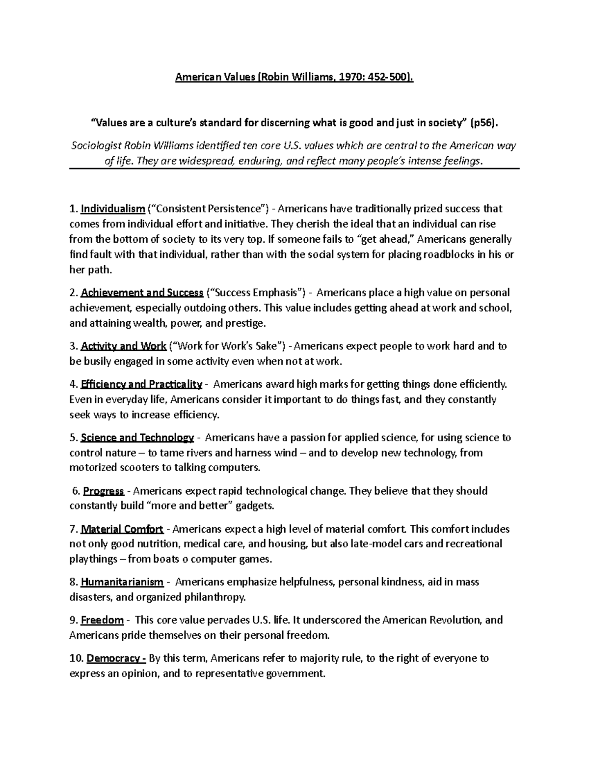 Core American Values Notes - American Values (Robin Williams, 1970: 452 ...