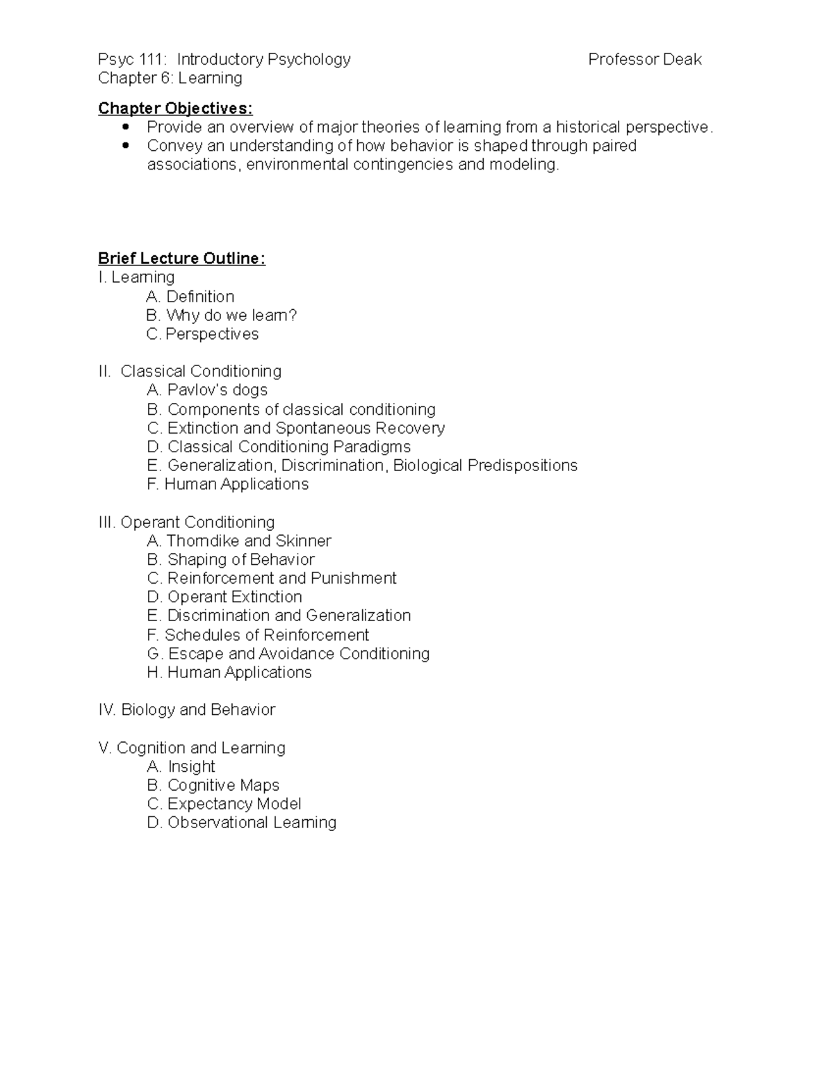 06 - Learning - notes - Psyc 111: Introductory Psychology Professor ...