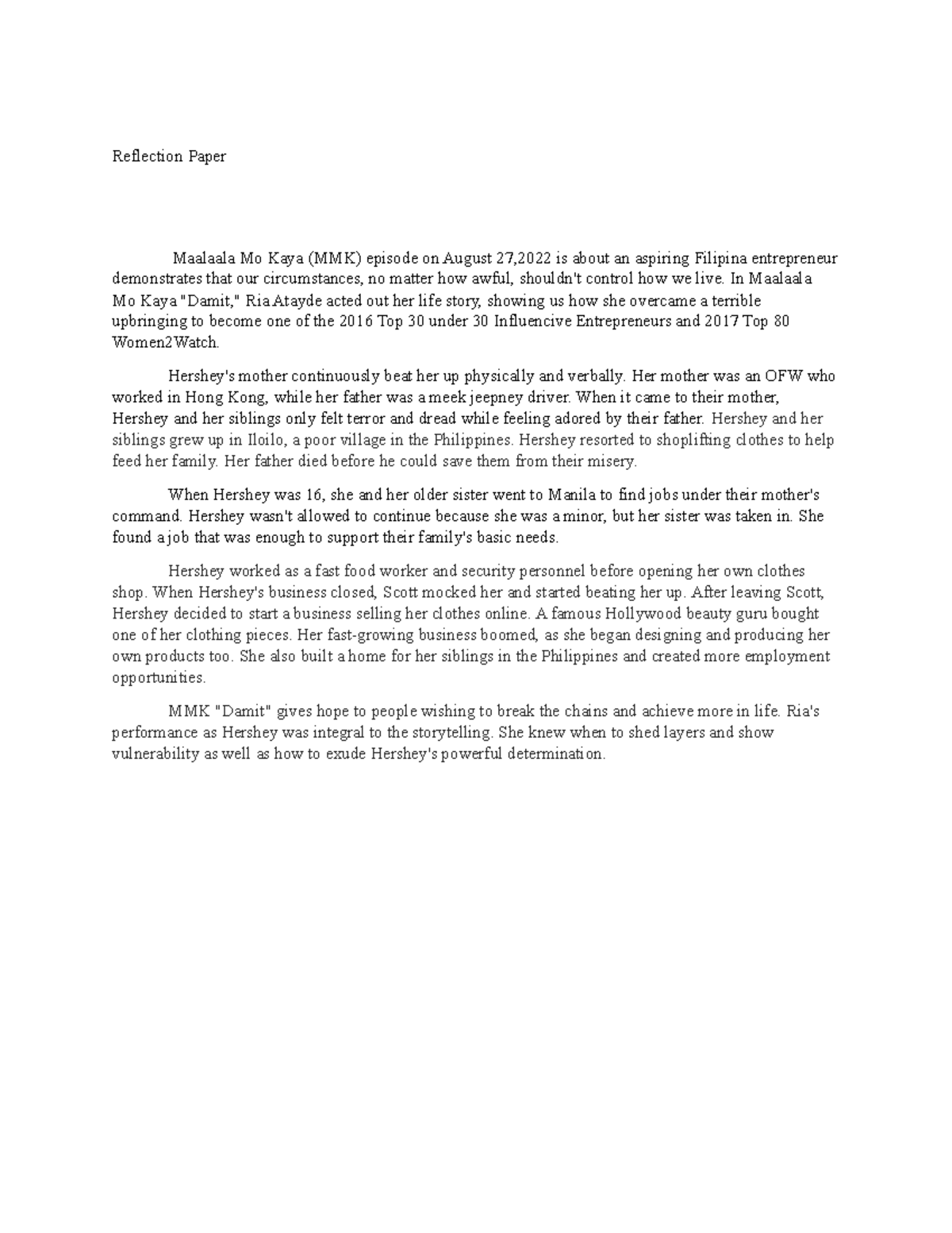 MMK Damit (August 27, 2022) - Reflection Paper Maalaala Mo Kaya (MMK ...