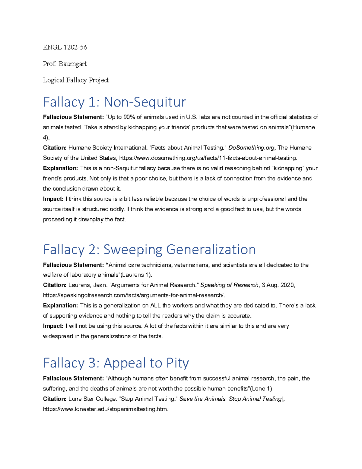 5 Fallacy Definitions - ENGL 1202- Prof. Baumgart Logical Fallacy ...