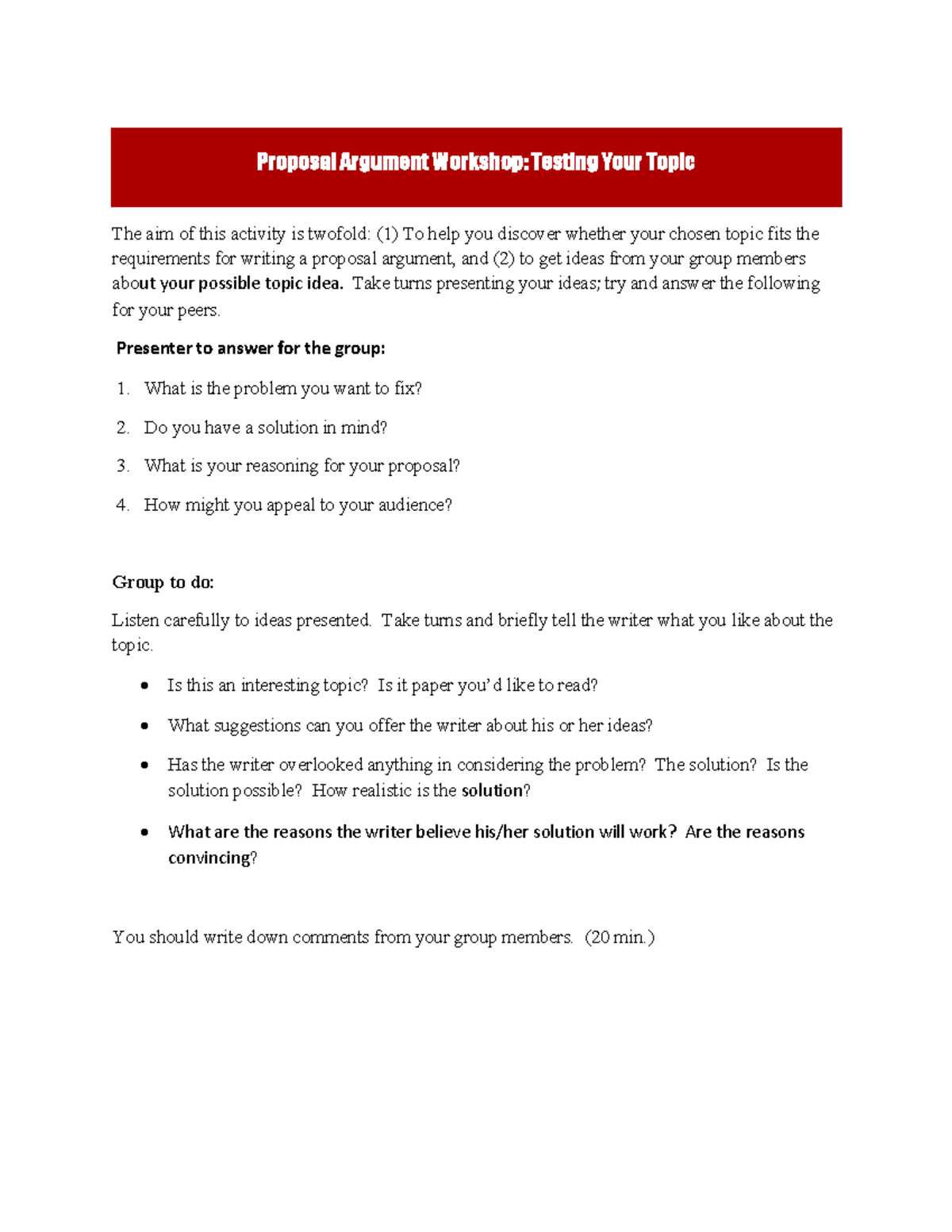 1 b Testing proposal argument topic - Proposal Argument Workshop ...