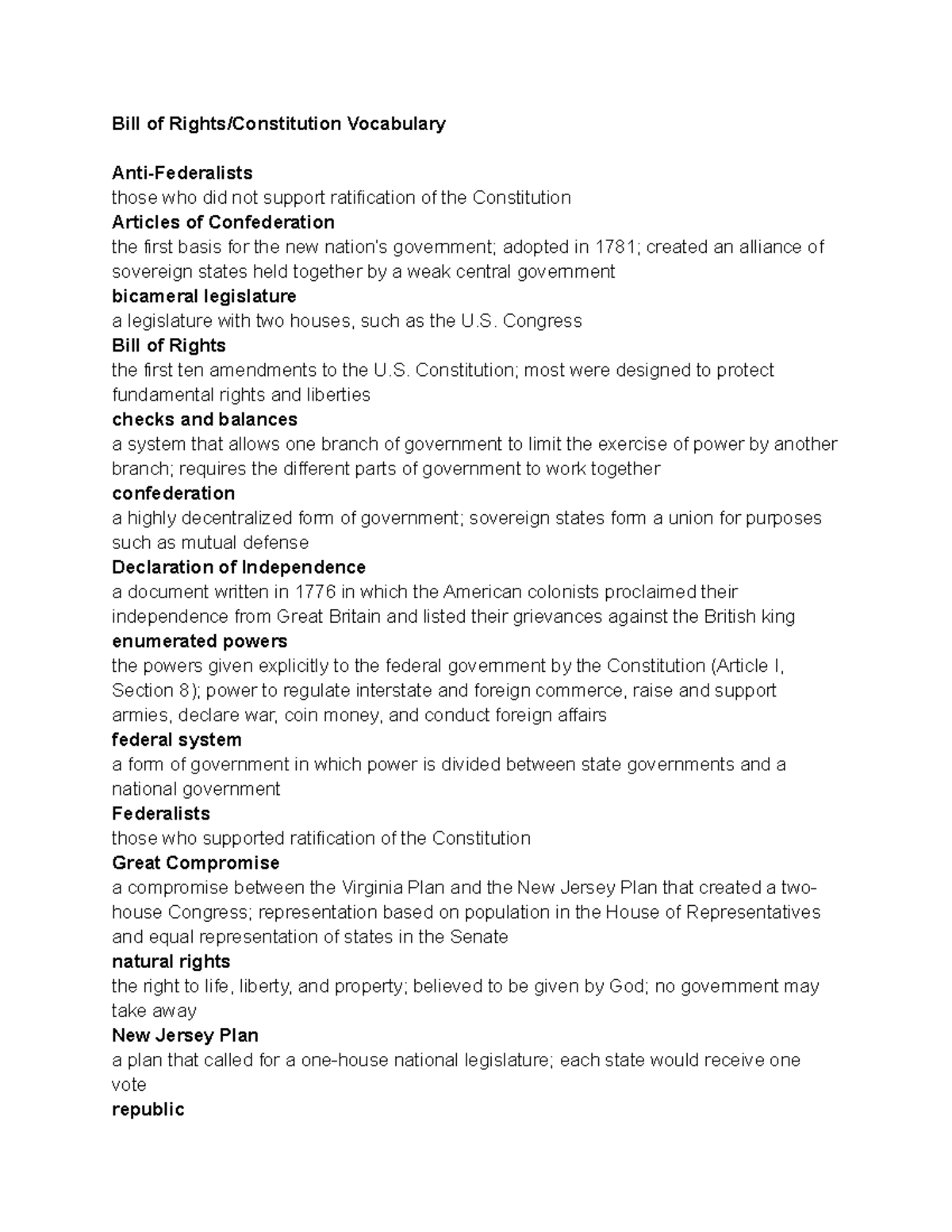 Bill of Rights Constitution Vocabulary - Bill of Rights/Constitution ...