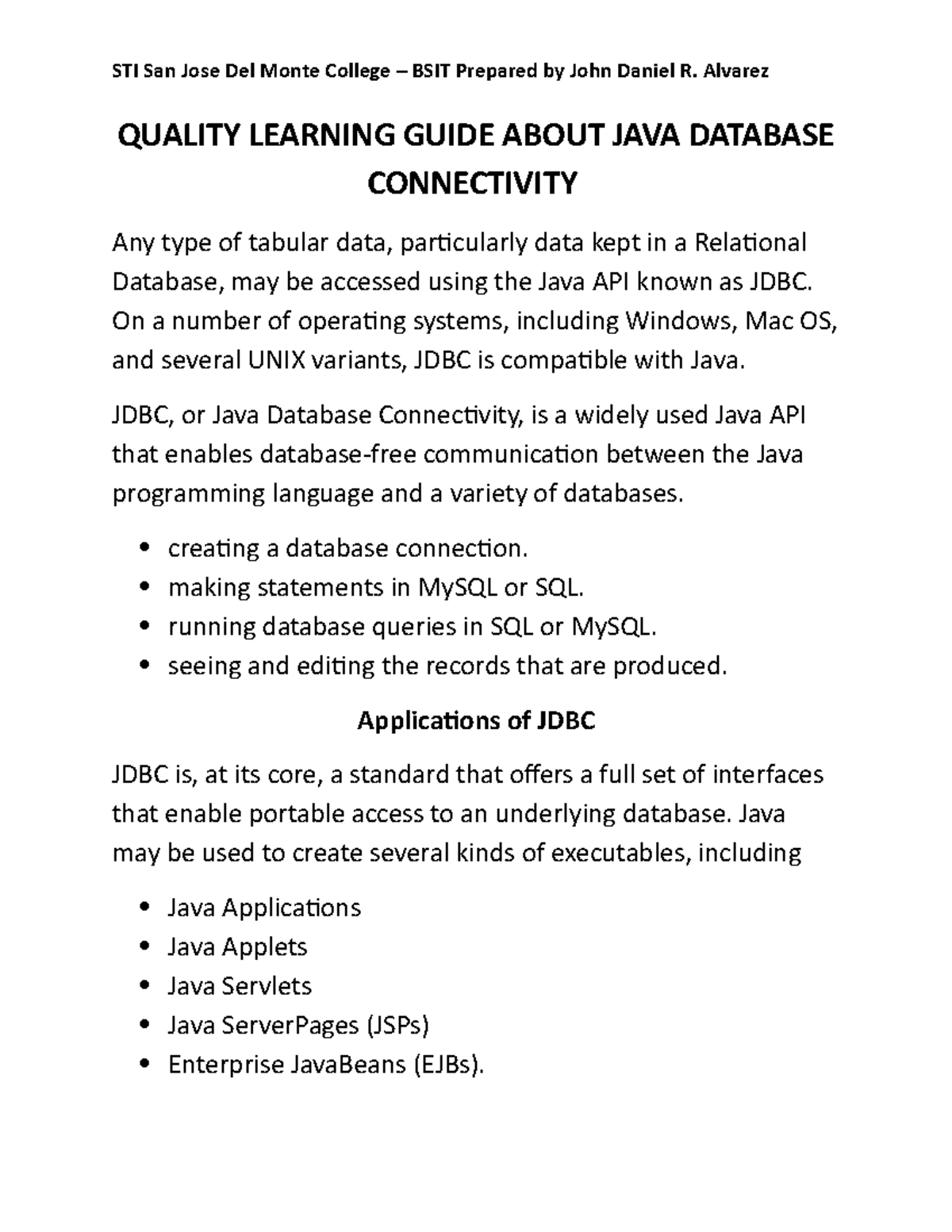 Quality Learning Guide About Java Database Connectivity - QUALITY ...