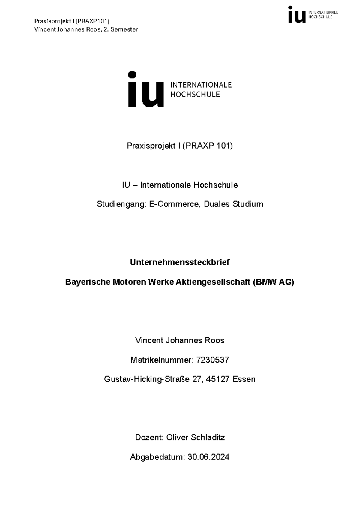 Praxis-Projekt I - Unternehmenssteckbrief - Vincent Johannes Roos, 2 ...