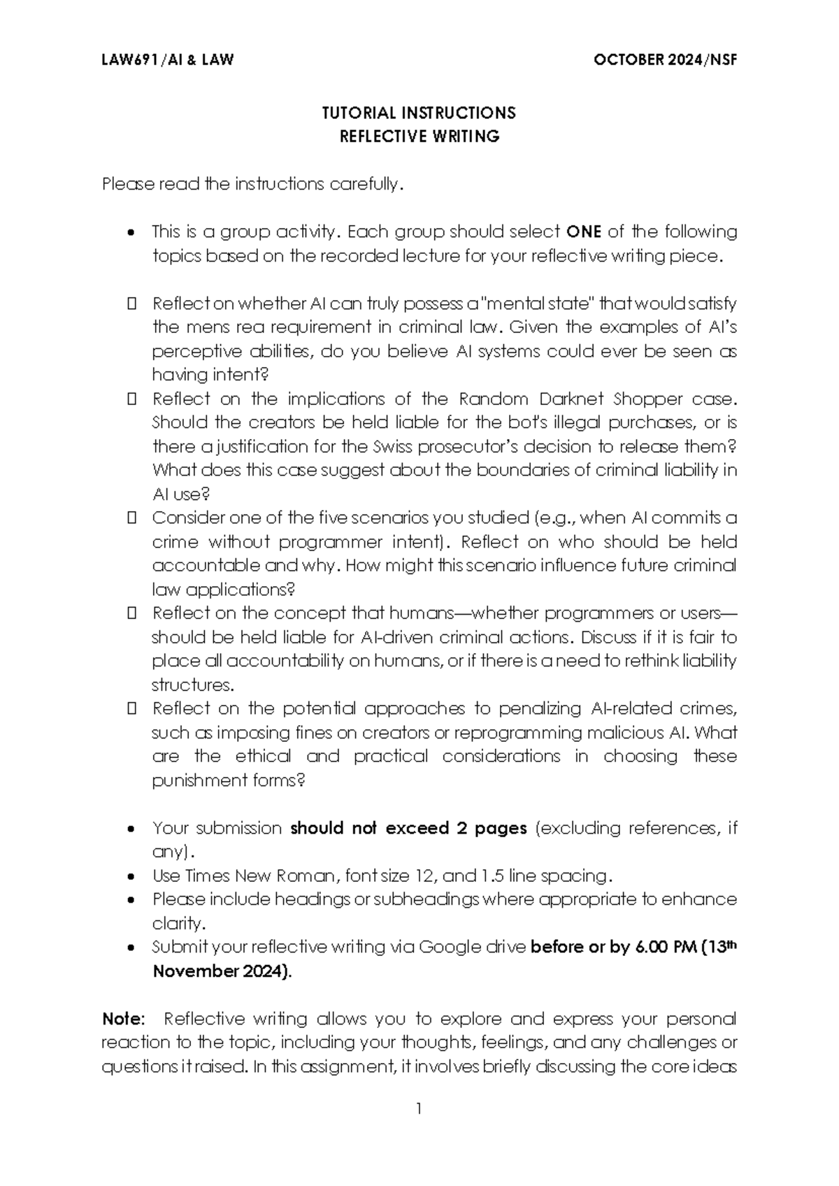 LAW691 (Tutorial W6) - Materials uitm - LAW 691 /AI & LAW OCTOBER 2024 ...