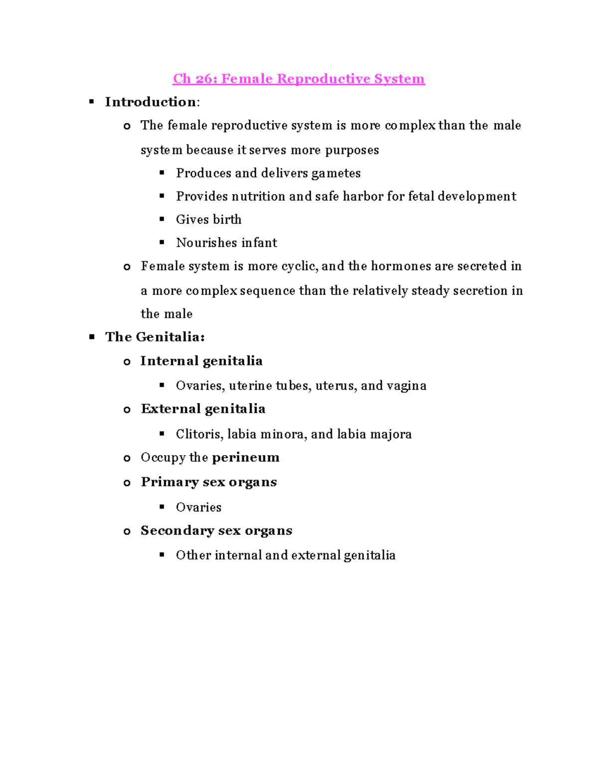 The Female Reproductive System - Ch 26: Female Reproductive System ...