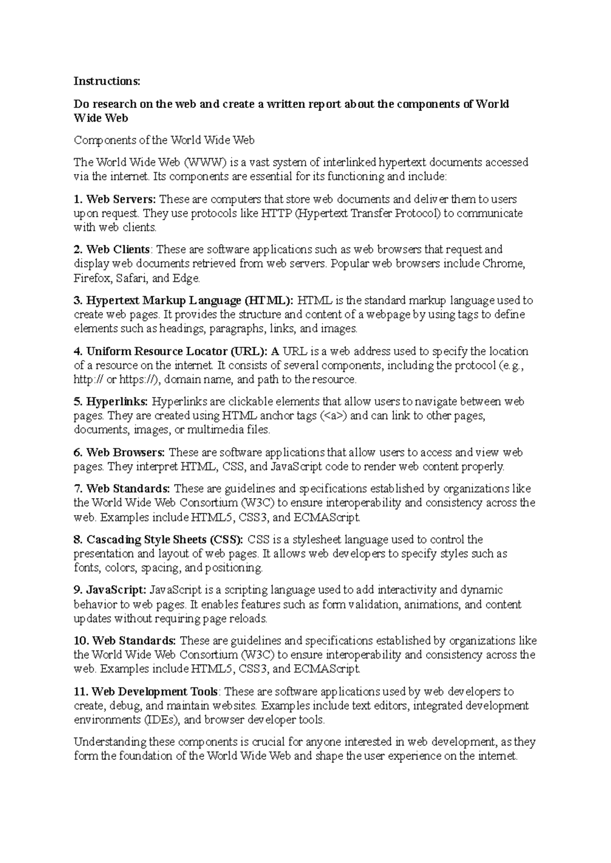 Written Report Components OF WWW - Instructions: Do research on the web ...