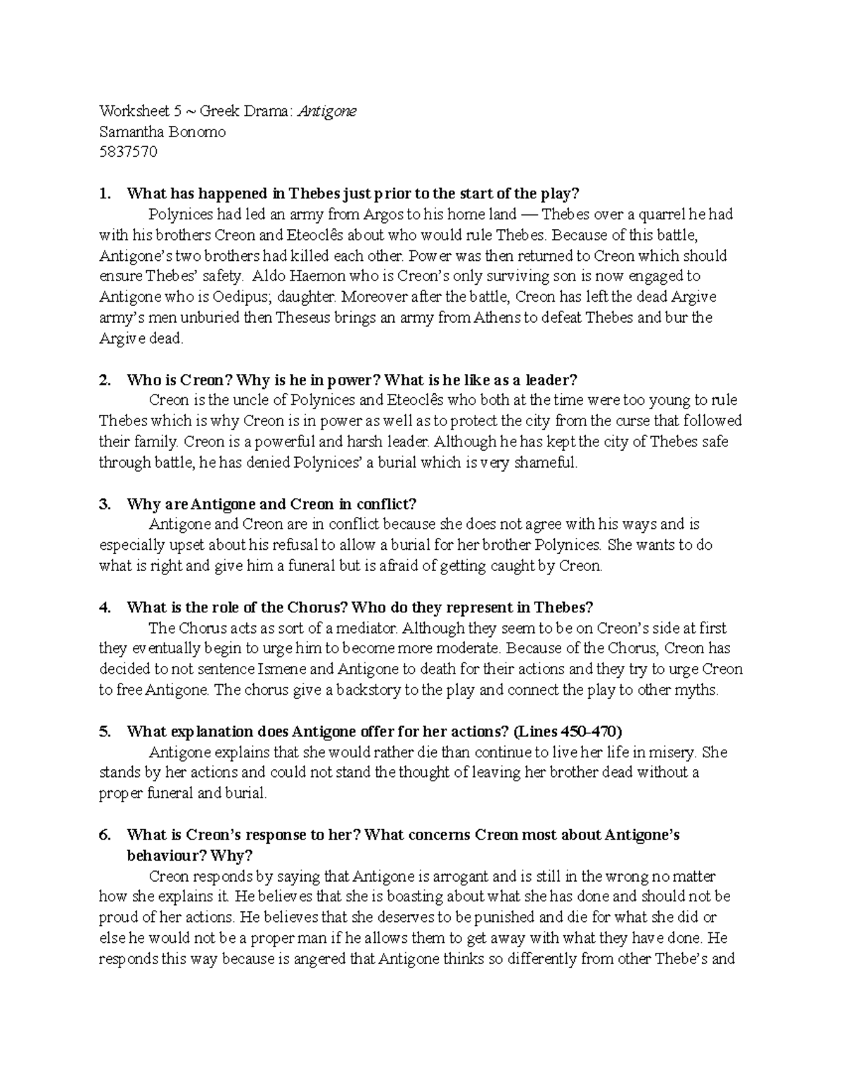 Worksheet #5 - Worksheet 5 Greek Drama: Antigone Samantha Bonomo ...
