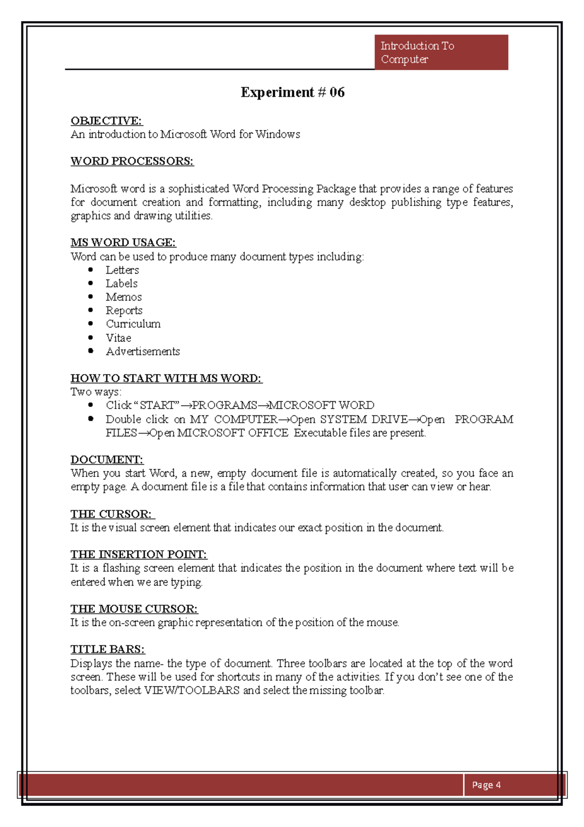 Lab6 - An introduction to Microsoft Word for Windows. - Computer Experiment # 06 OBJECTIVE: An ...
