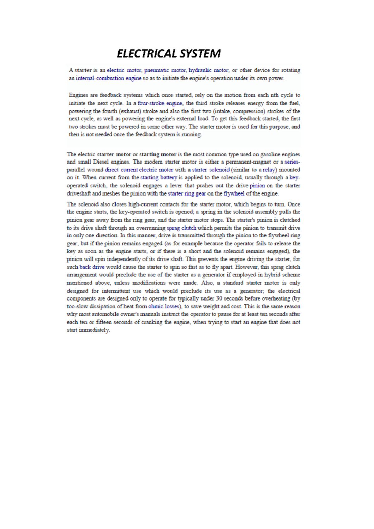 Electrical System Automobile-Engineering assignment - ELECTRICAL SYSTEM A starter is an electric ...