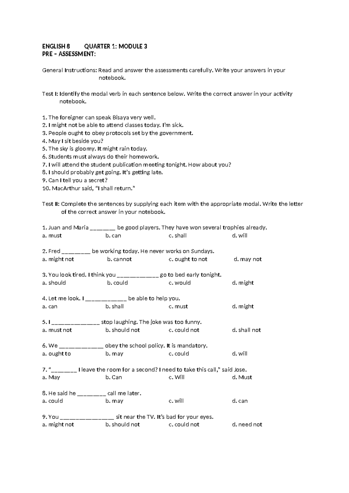 Q1 M1 Pretest - Pre Test - ENGLISH 8 QUARTER 1: MODULE 3 PRE ...