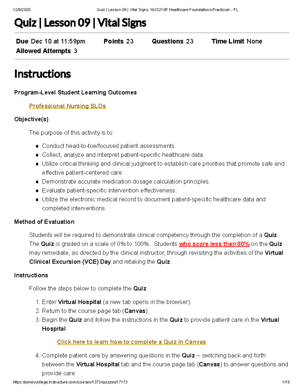 Quiz Lesson 09 Vital Signs NUS210P Healthcare Foundations Practicum FL ...