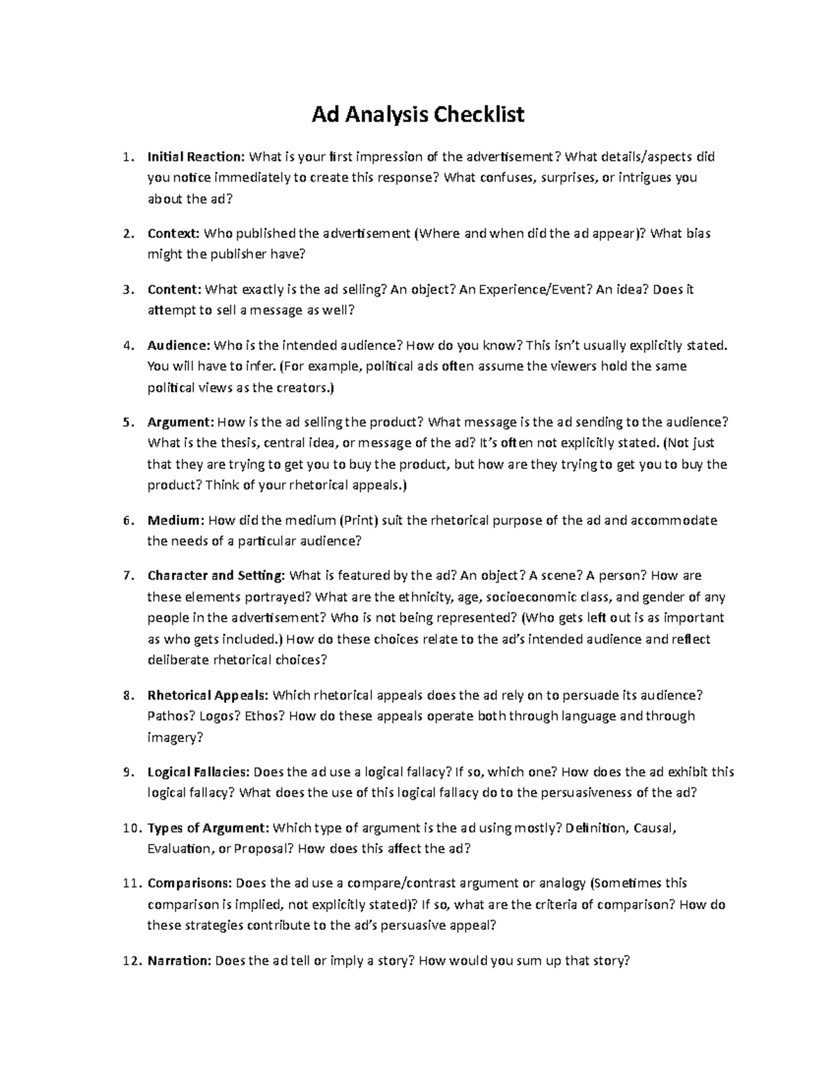 Ad Analysis Checklist 2 - Ad Analysis Checklist Initial Reaction: What ...