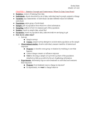 Chapter One Stat Notes - Individuals and Data Individuals: are the ...