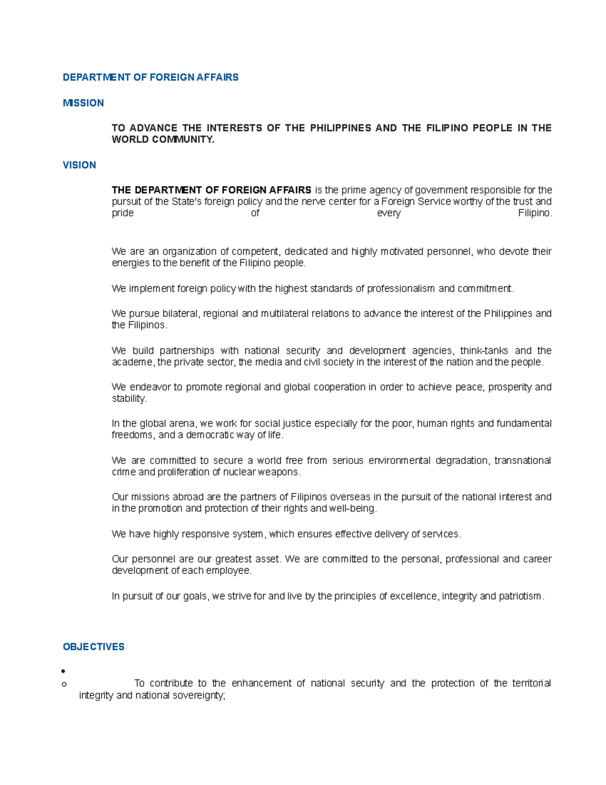 Department OF Foreign Affairs - DEPARTMENT OF FOREIGN AFFAIRS MISSION ...