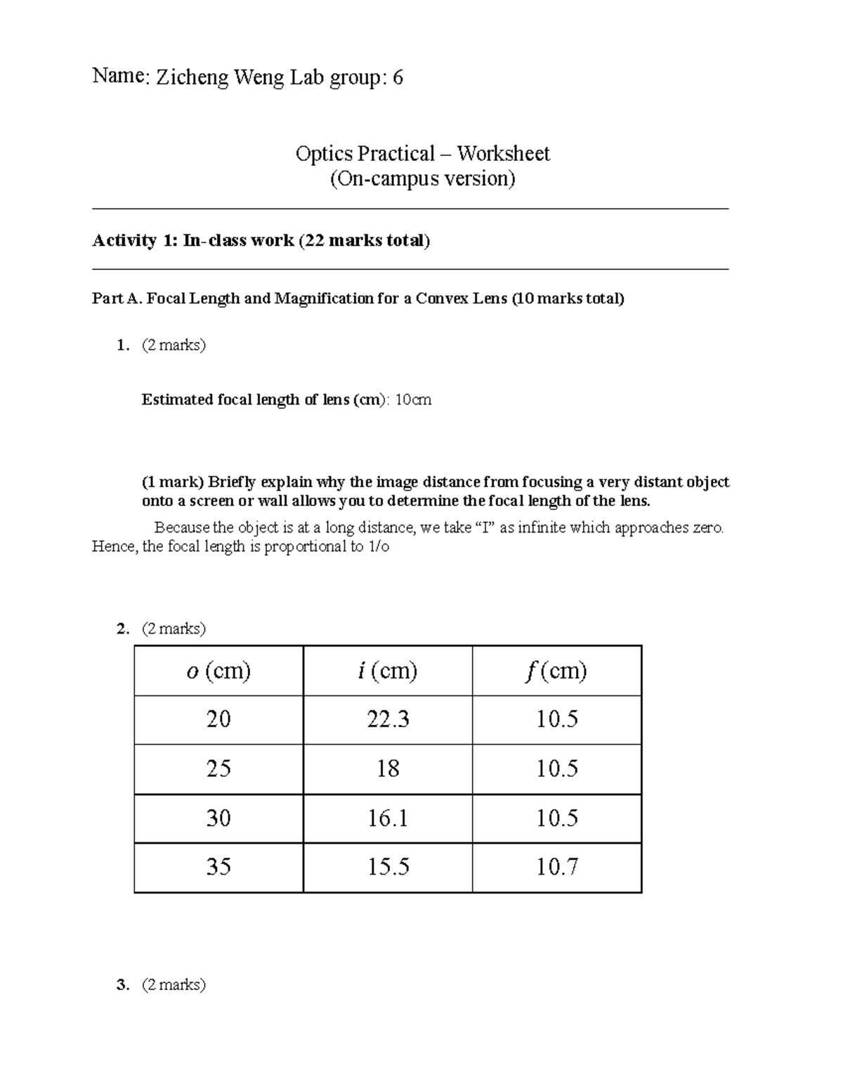 BMS1031 2022 Optics Lab (on-campus lab) worksheet - FOR Students - Name ...