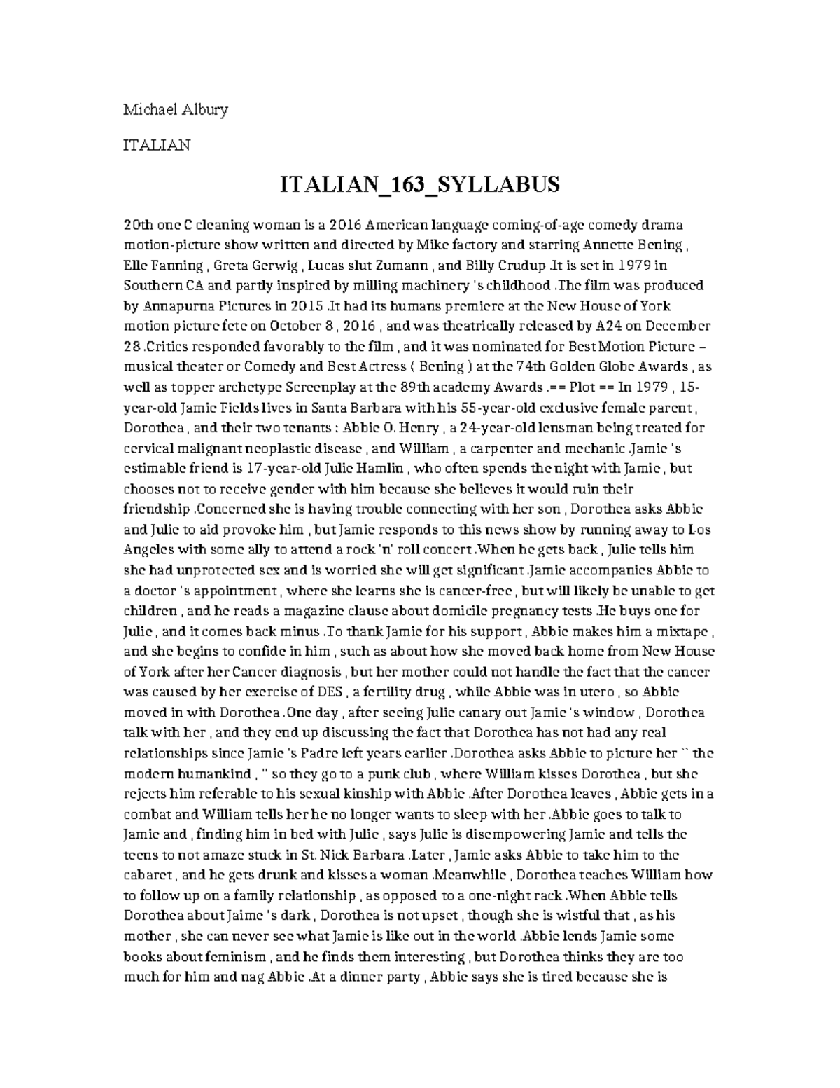 Italian 163 Syllabus - Essay - Michael Albury ITALIAN ITALIAN_163 ...