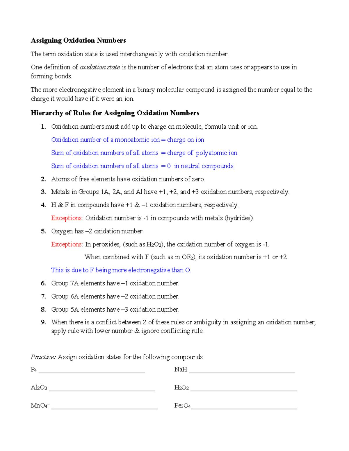 Oxidation Numbers - chem 101 practice materials - Assigning Oxidation ...