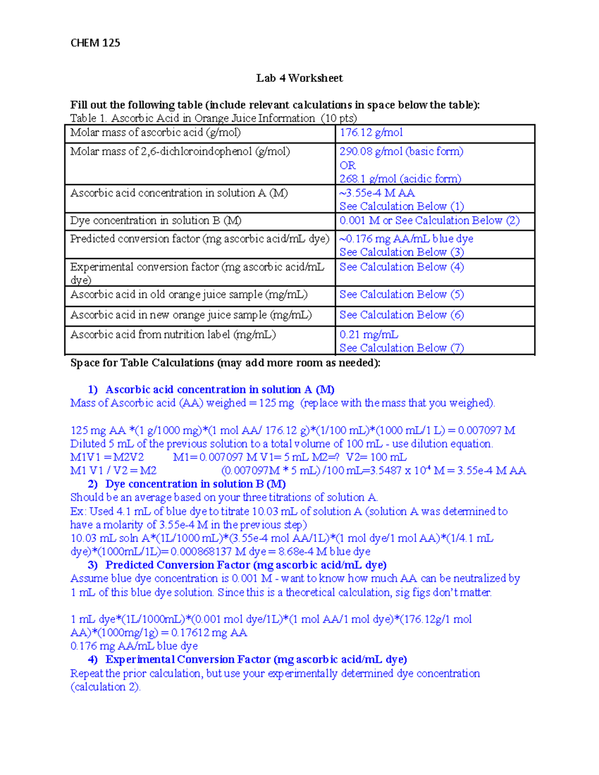 Lab 4 Post Lab Key Post Lab Key For Lab 4 Experiment Chem 125 Lab 4 Worksheet Fill Out The 