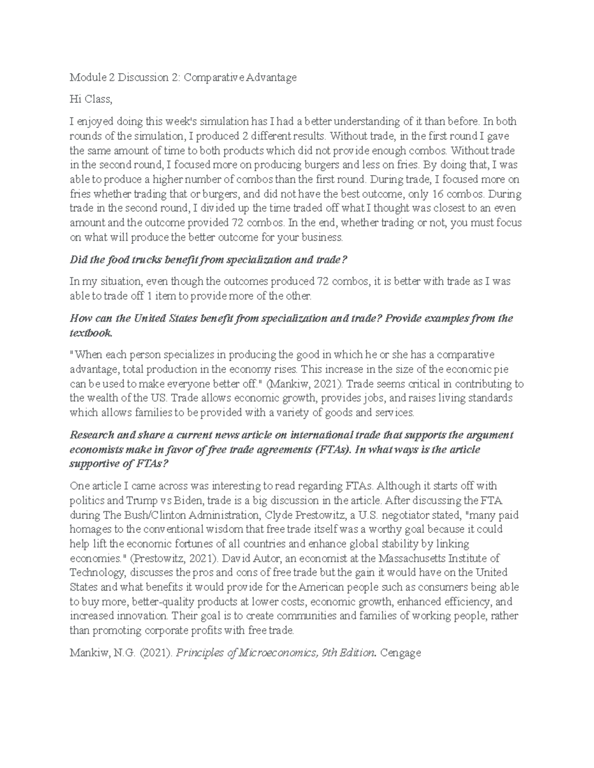 Week 2 Discussion - Module 2 Discussion 2: Comparative Advantage Hi ...