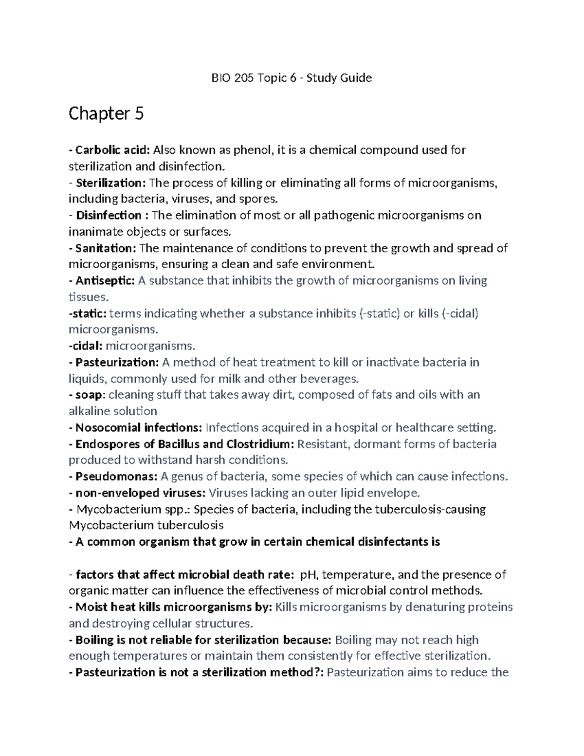 BIO 205 Quiz 6- Study Guide - BIO 205 Topic 6 - Study Guide Chapter 5 ...