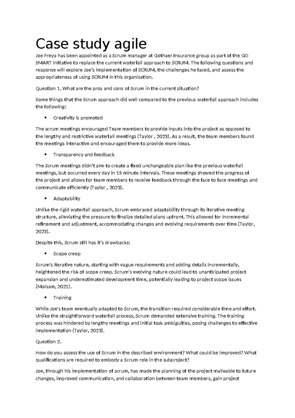 Case study agile INF30033 Assignment 2 - Case study agile Joe Freya has ...