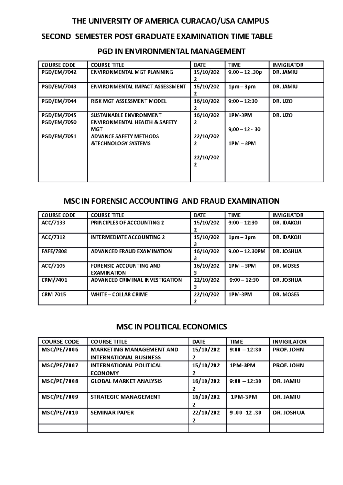 Second Semester POST Graduate Examination TIME Table 2 - THE UNIVERSITY ...