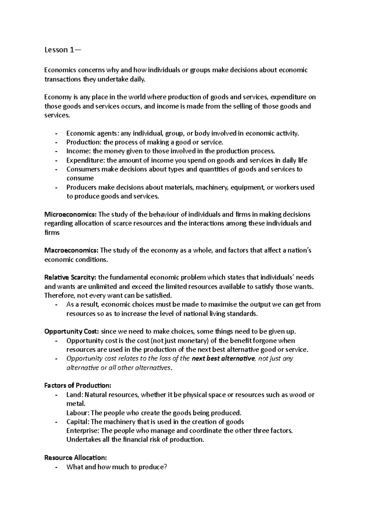 Economics 1/2 Introductory Notes - Lesson 1— Economics concerns why and ...
