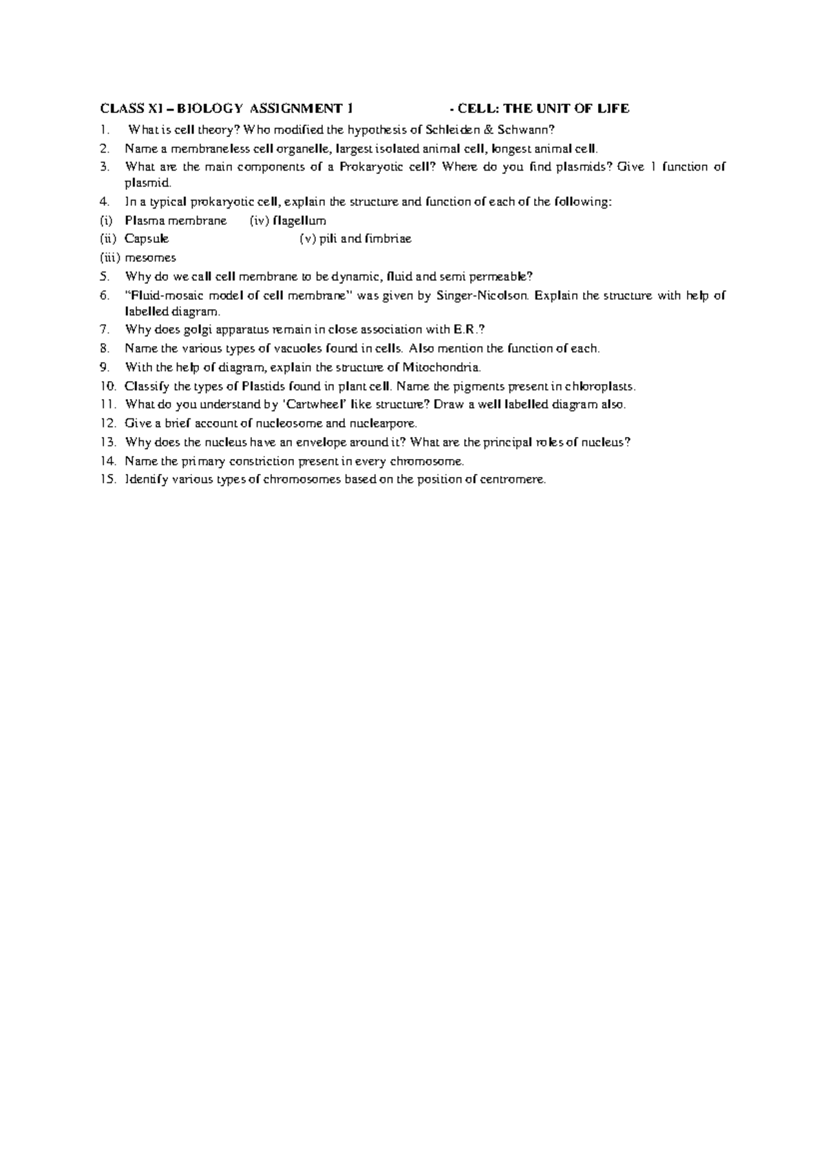Cbse class 11 biology worksheet 1 cell the unit of life - CLASS XI ...