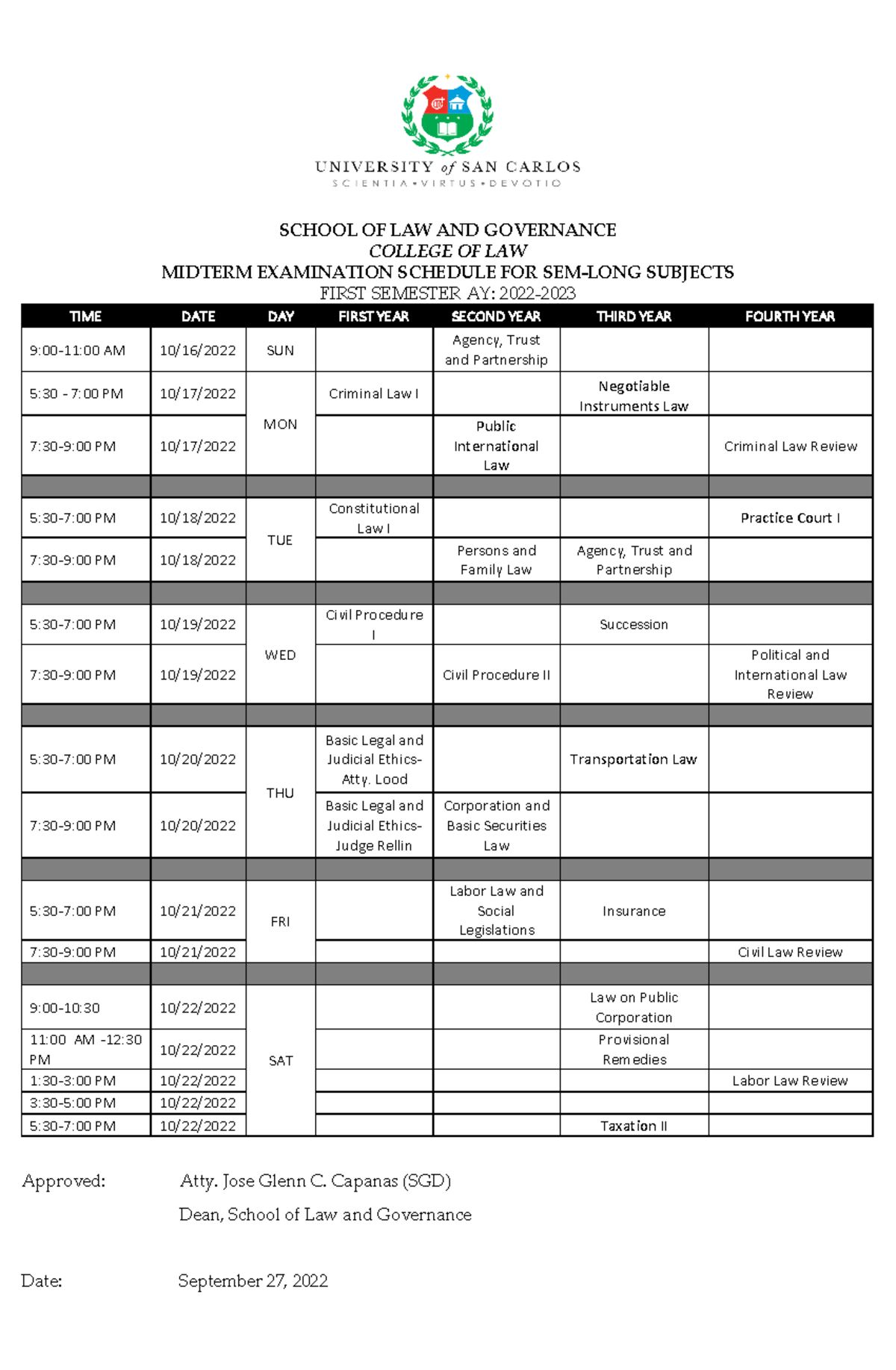 midterms sched 2022 - SCHOOL OF LAW AND GOVERNANCE COLLEGE OF LAW ...