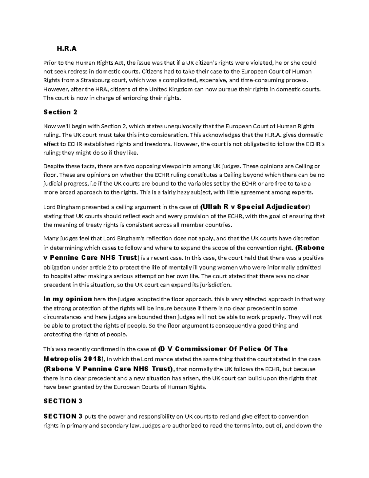 HRA final notes - H.R Prior to the Human Rights Act, the issue was that ...