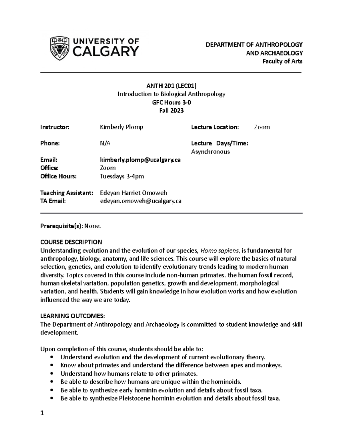 Anthro 201 Course Outline Fall 2023 - DEPARTMENT OF ANTHROPOLOGY AND ARCHAEOLOGY Faculty of Arts ...