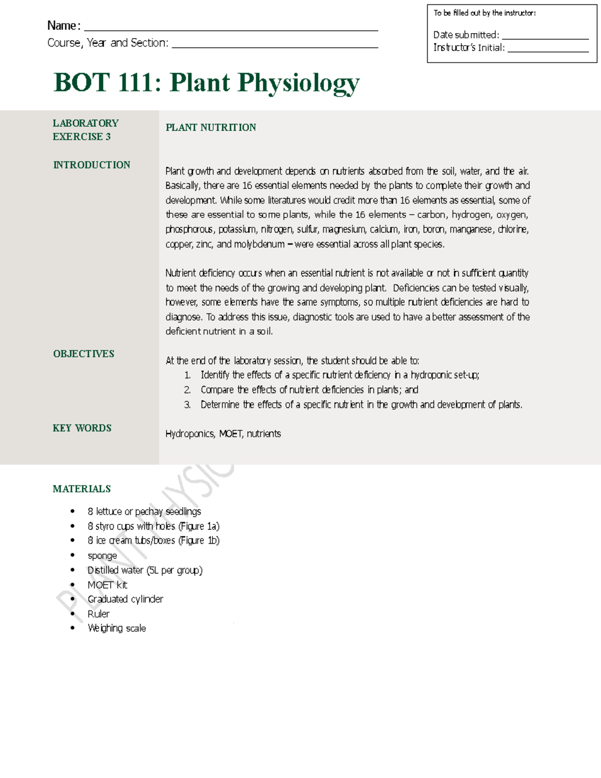 Lab Exer 3 Plant Nutrition Name Course Year And Section Bot 111 Plant Physiology