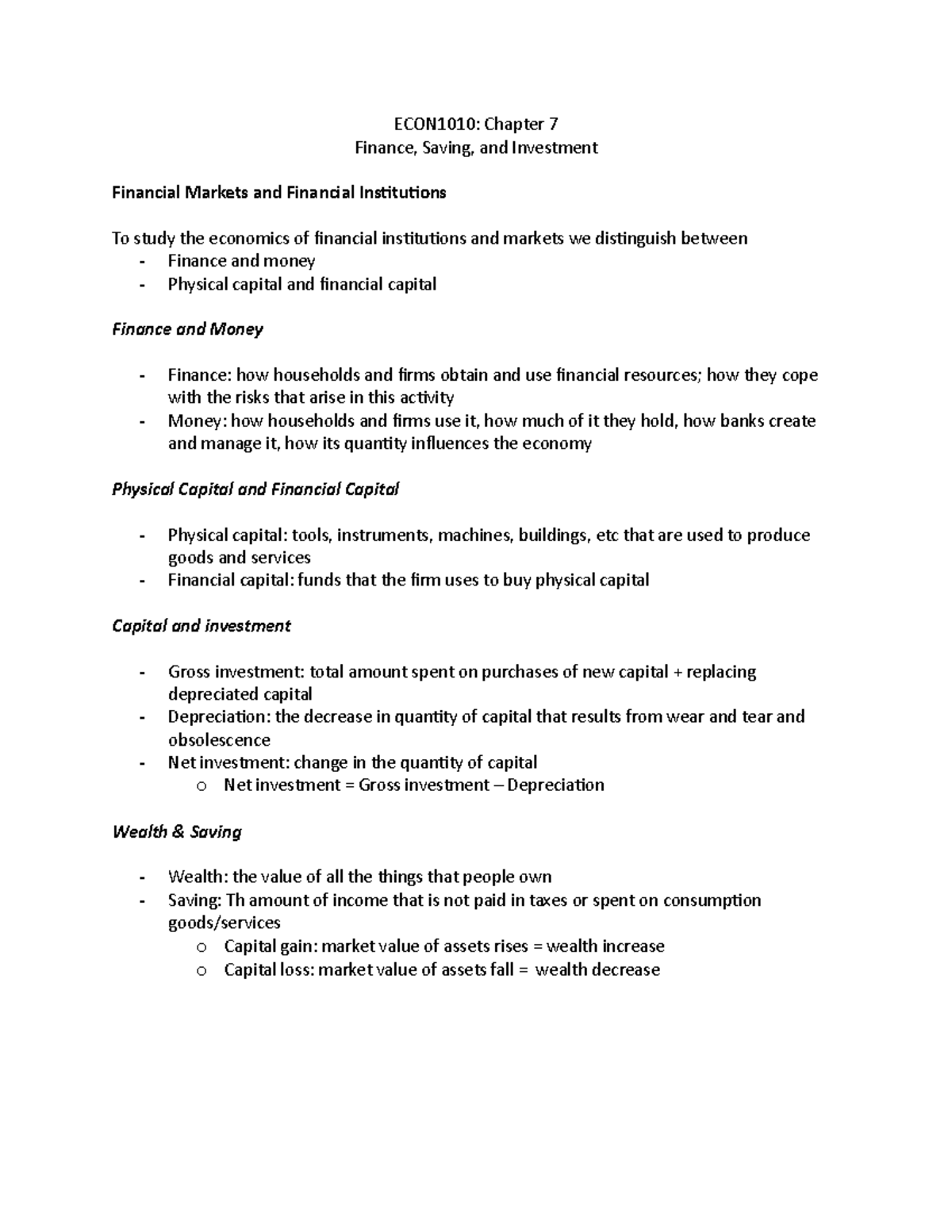 Chapter 7 Finance, Saving, Investment - ECON1010: Chapter 7 Finance ...