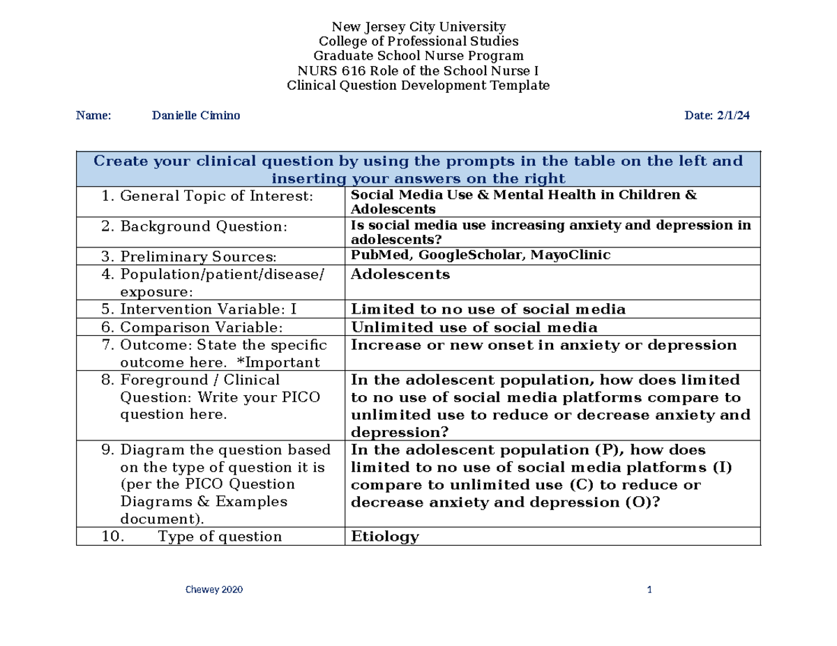 NURS 614 Clinical Question Template Spring 2024 - New Jersey City ...