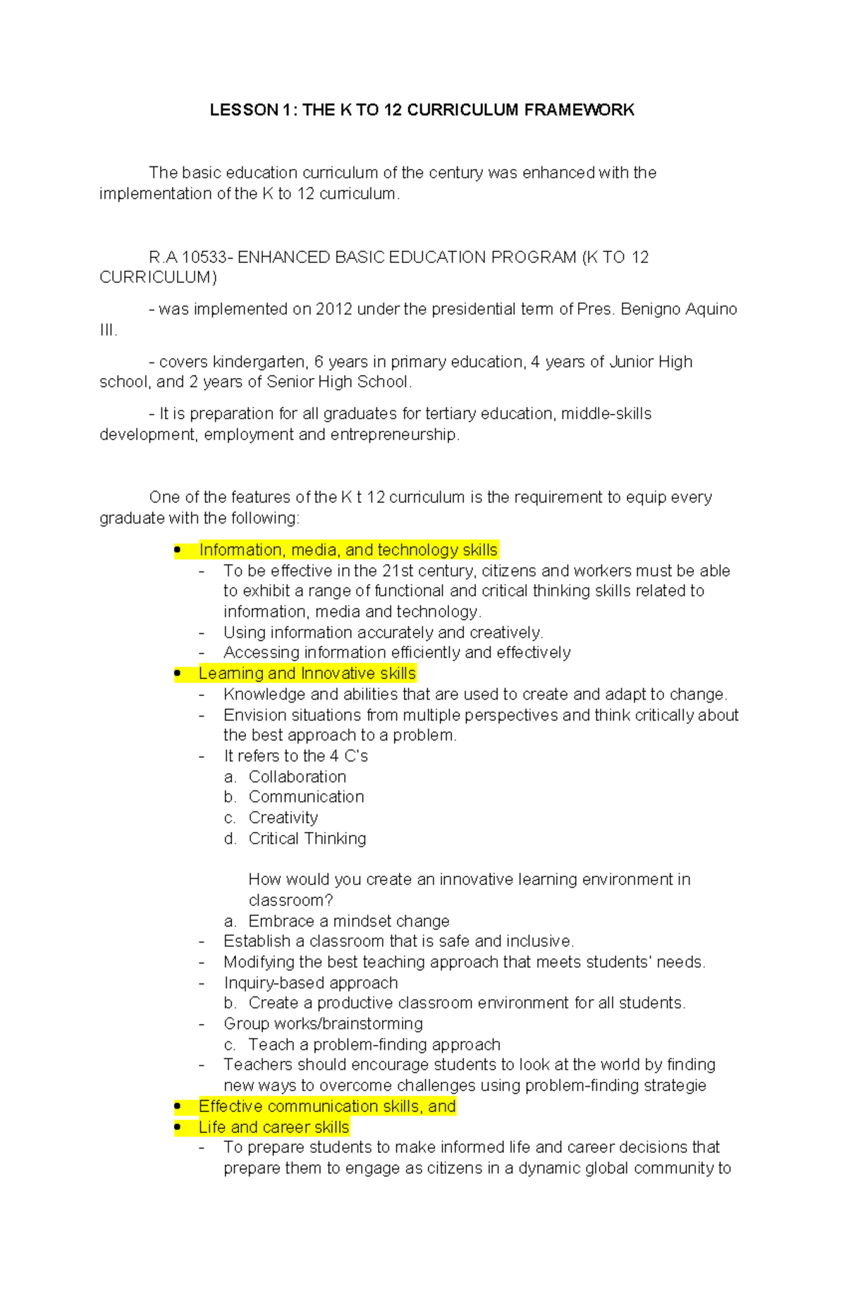 TTL 2- Lesson 1 - This is only a handout of a topic "K to 12 Curriculum ...
