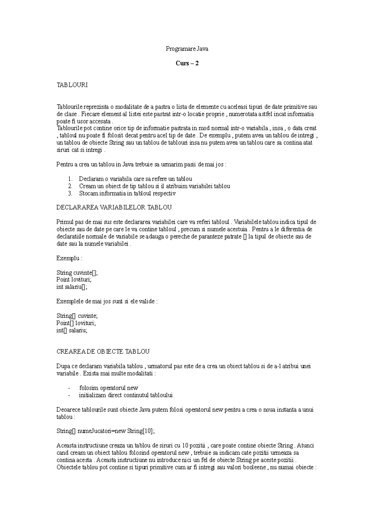 Curs-2-Java - Java note de curs - Programare Java Curs – 2 TABLOURI ...