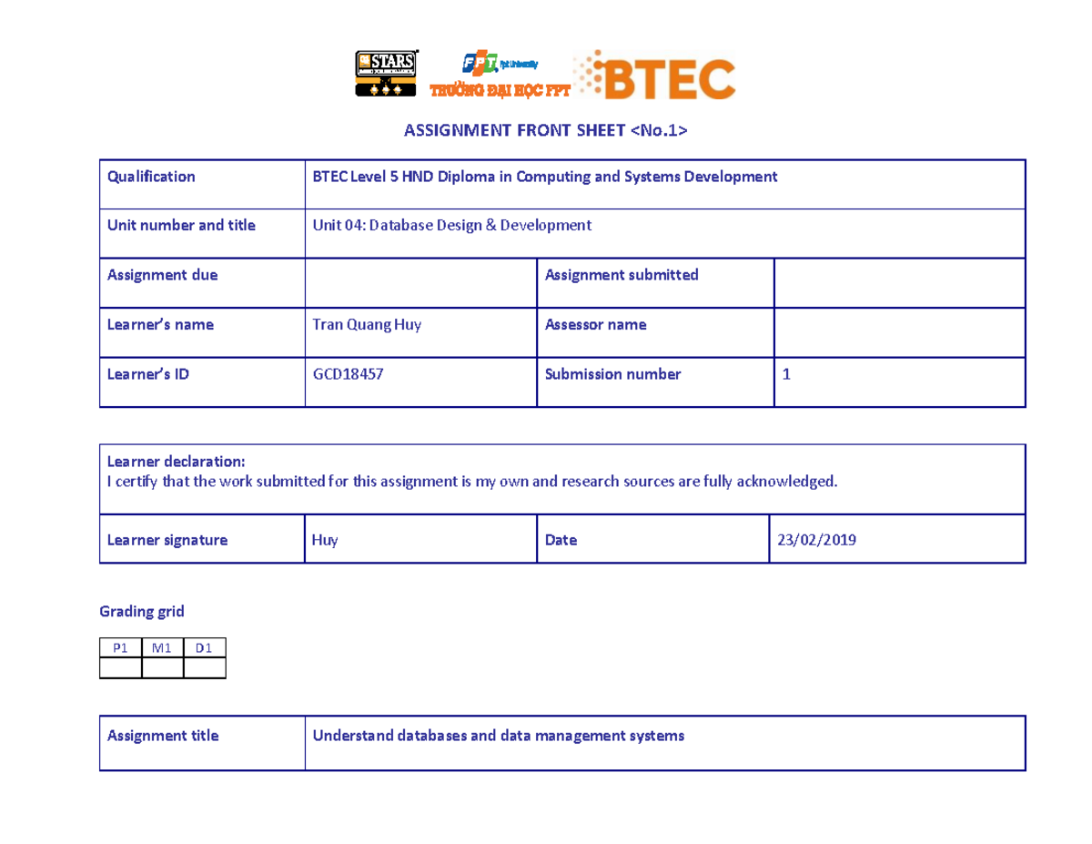 ASM Database Tran Quang Huy GCD18457 - ASSIGNMENT FRONT SHEET ...