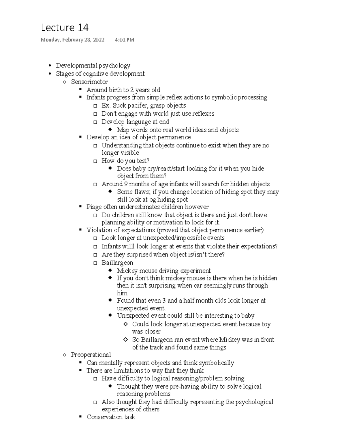 Psych 10 lesson 14 notes - Developmental psychology Stages of cognitive ...