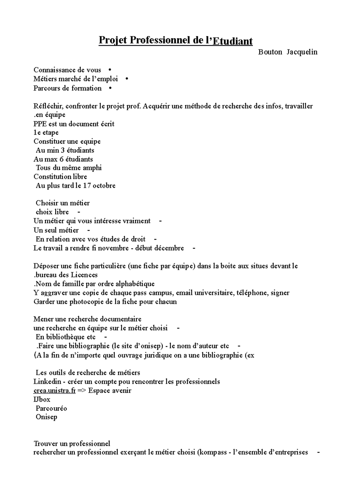 PPE dox - Projet Professionnel de l’Etudiant Bouton Jacquelin Connaissance de vous • Métiers ...