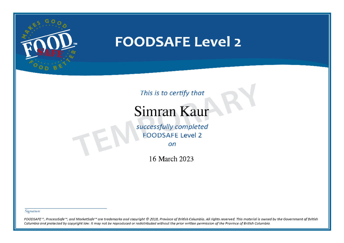 Foodsafe Level 2 Jasmina Egeler 19318-Temporary Certificate 111661 - TM ...